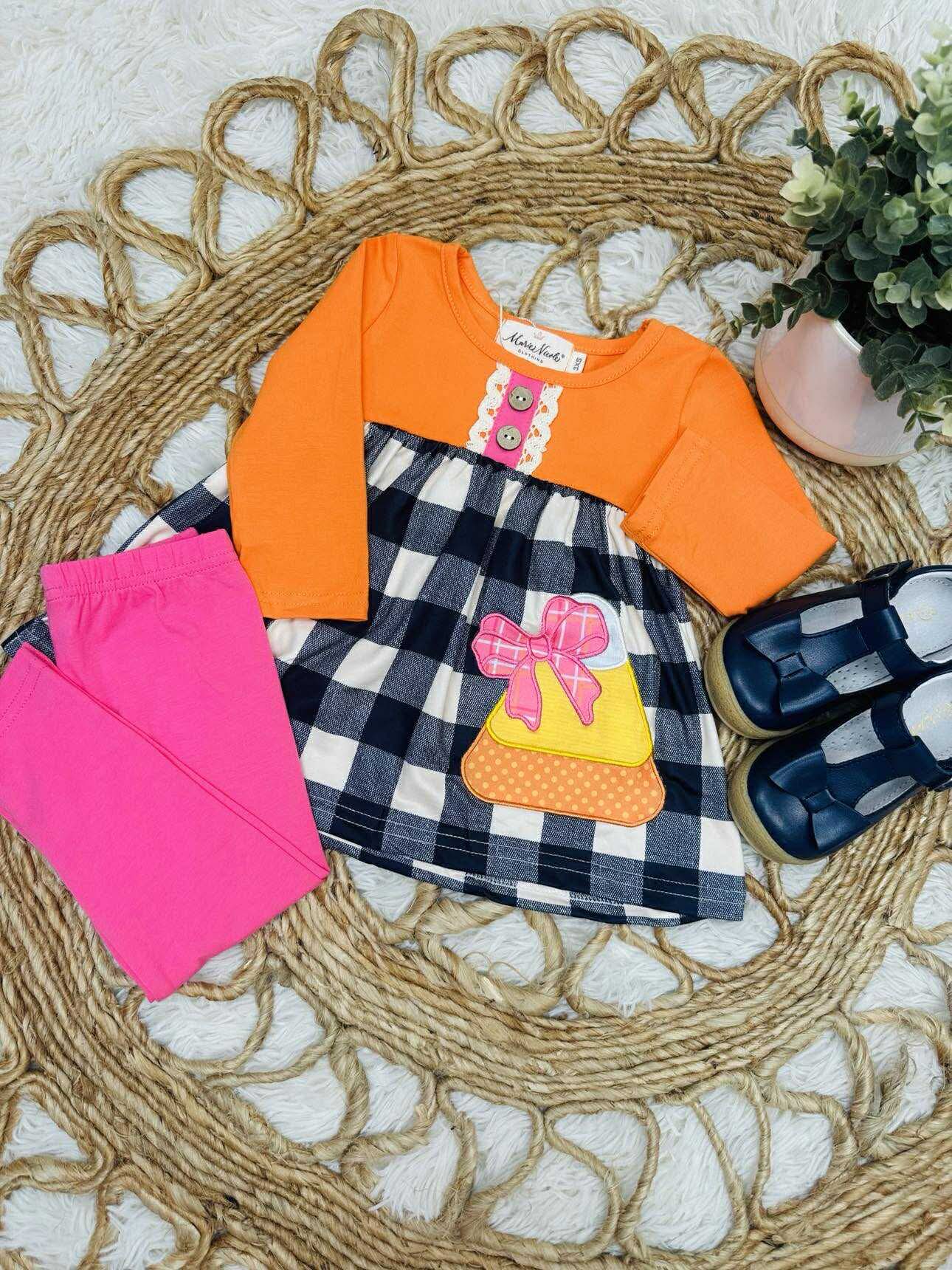 Girls Candy Corn Embroidered Plaid Outfit Set – Mini Mee Boutique