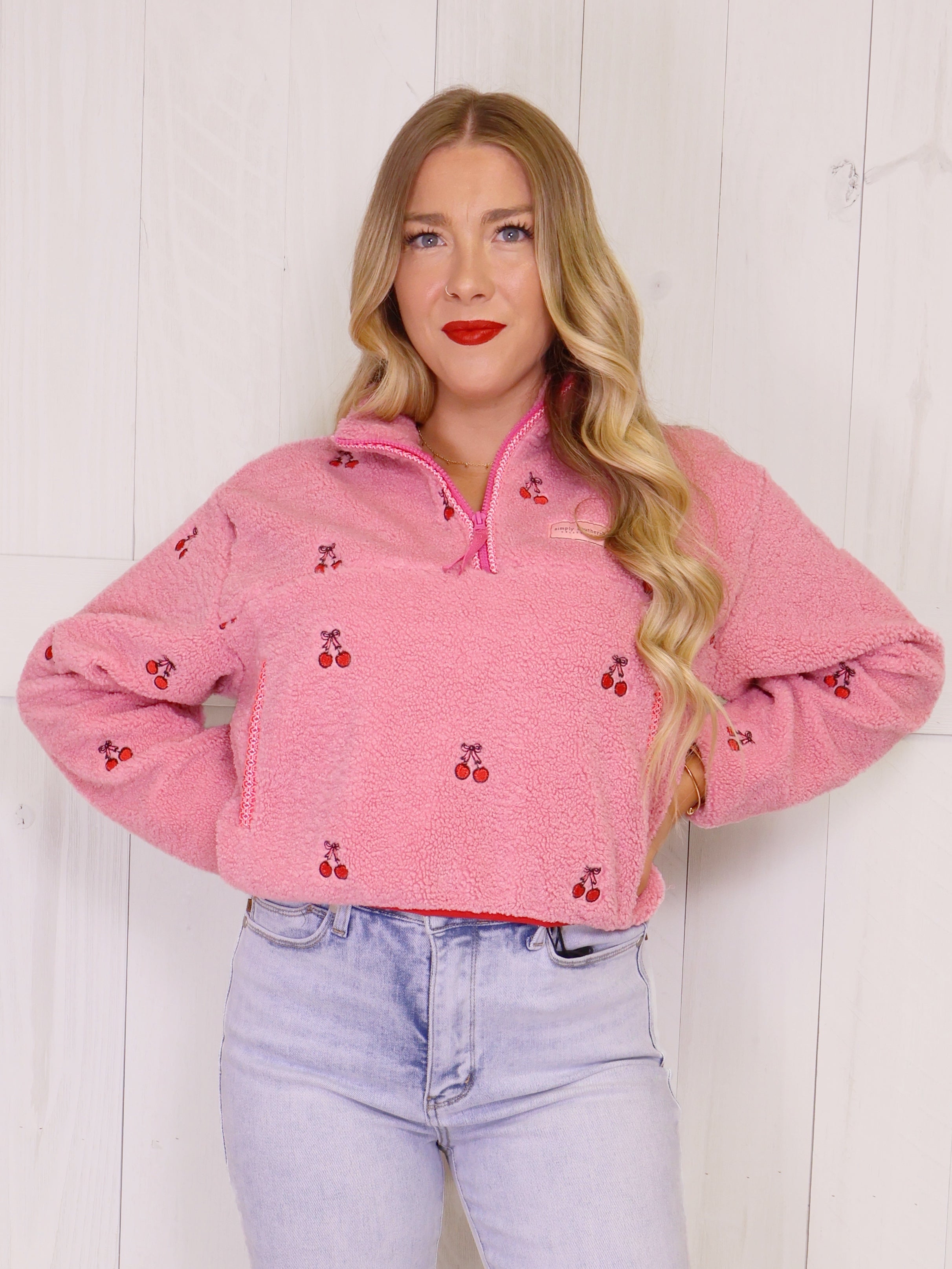 Simply Southern Cherry Print 1/2 Zip Pullover - Sweater Women’s – Mini ...