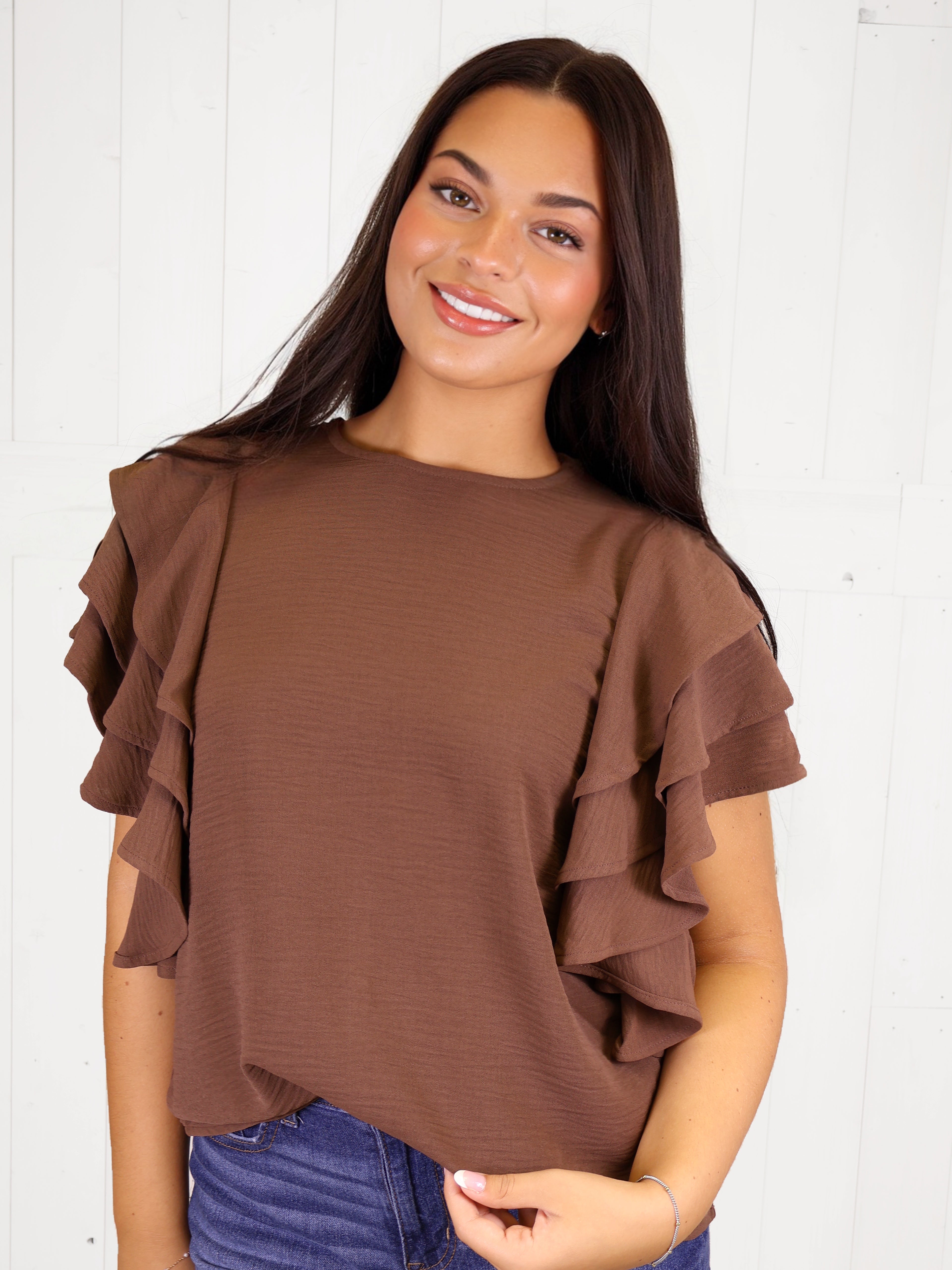 Women's Brown Basic Ruffle Sleeve Top – Mini Mee Boutique