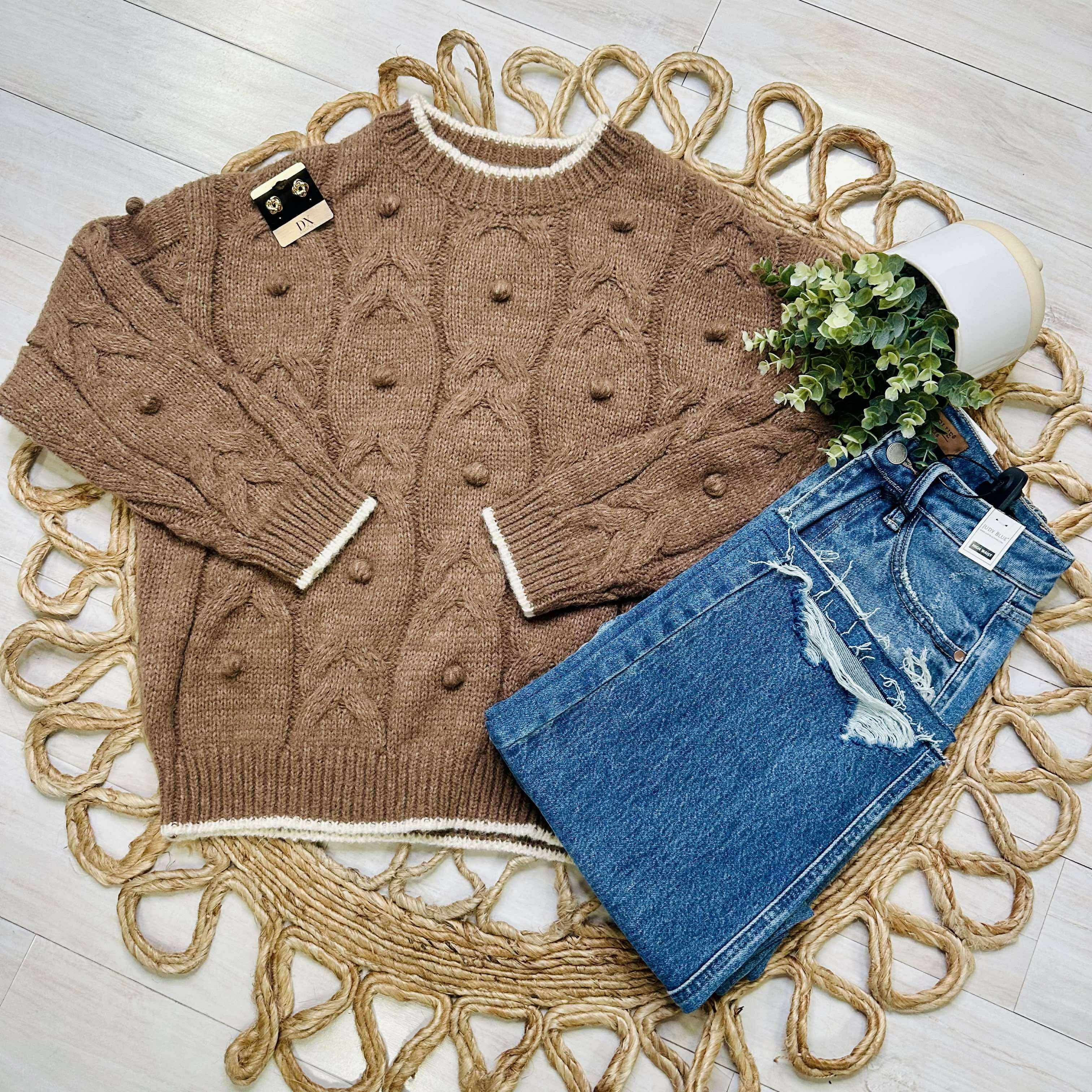 Women’s Pom Detail Cable Knit Sweater Mocha – Mini Mee Boutique
